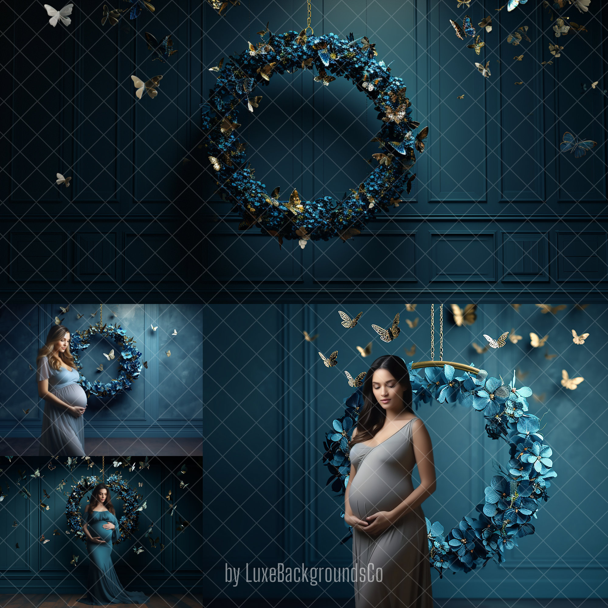 16 Blue Flower Circle With Butterfly Backdrop,blue Floral Hoop ...