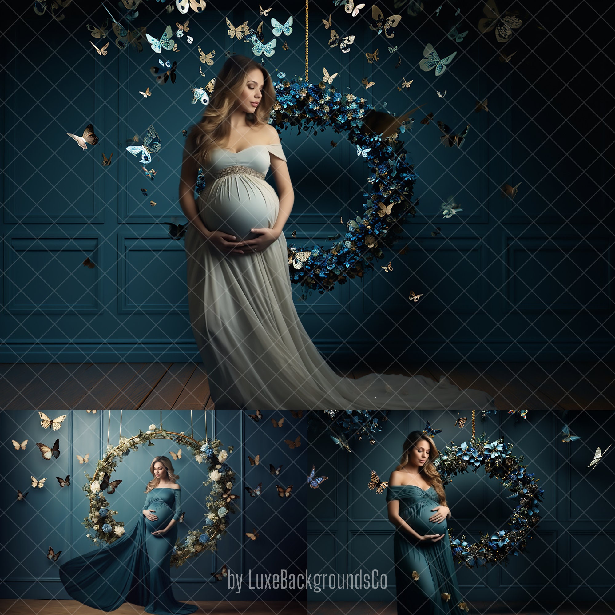 16 Blue Flower Circle With Butterfly Backdrop,blue Floral Hoop ...