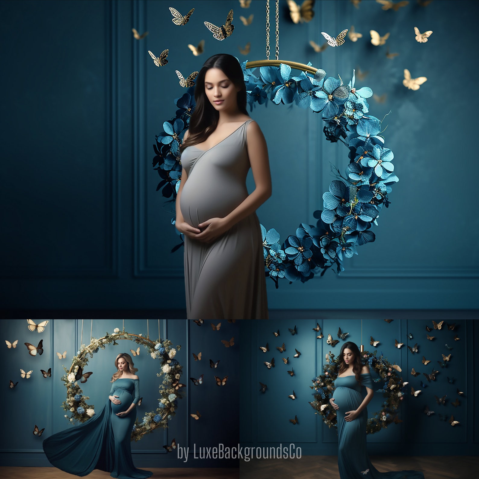 16 Blue Flower Circle With Butterfly Backdrop,blue Floral Hoop ...