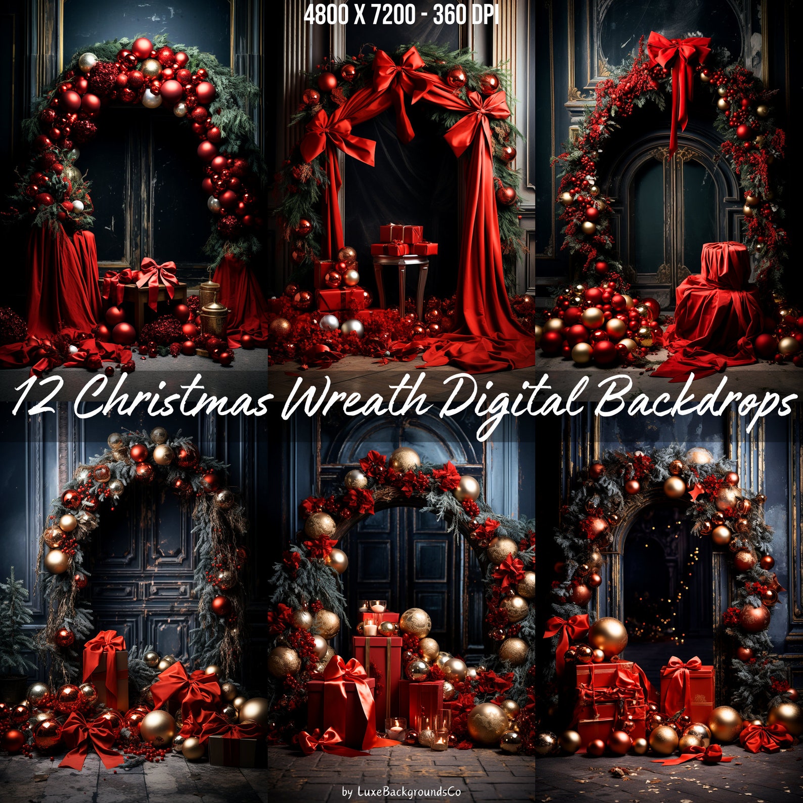 12 Christmas Wreath Digital Backdrops Red Christmas Photo - Etsy