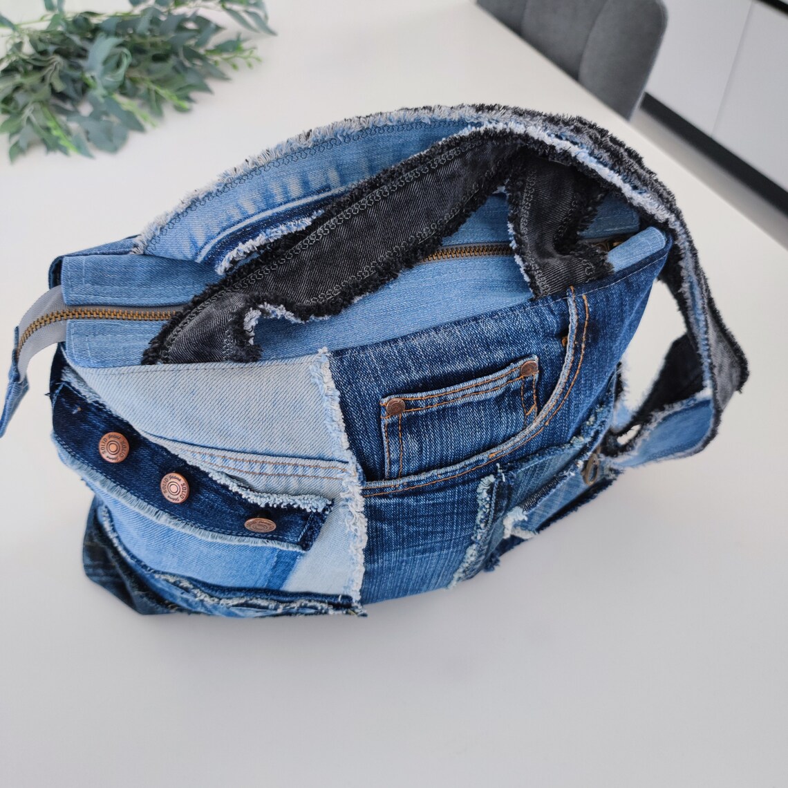 Blue and Black Denim Tote Bag Upcycled Denim Jeans Tote Bag Denim Bag ...