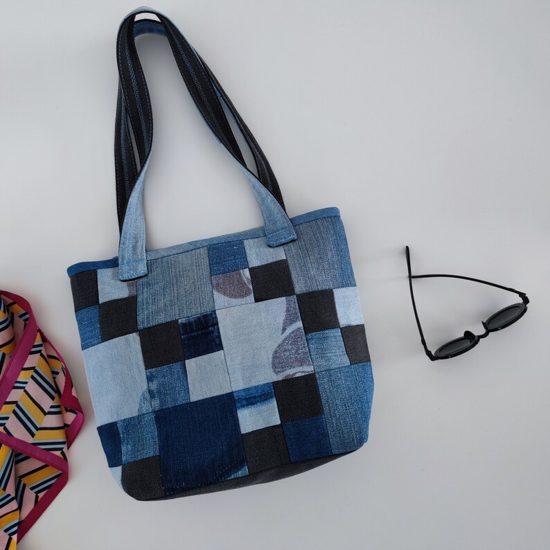 Small Denim Tote Bag | Denim Blue Patchwork Bag | Denim Shoulder Bag ...
