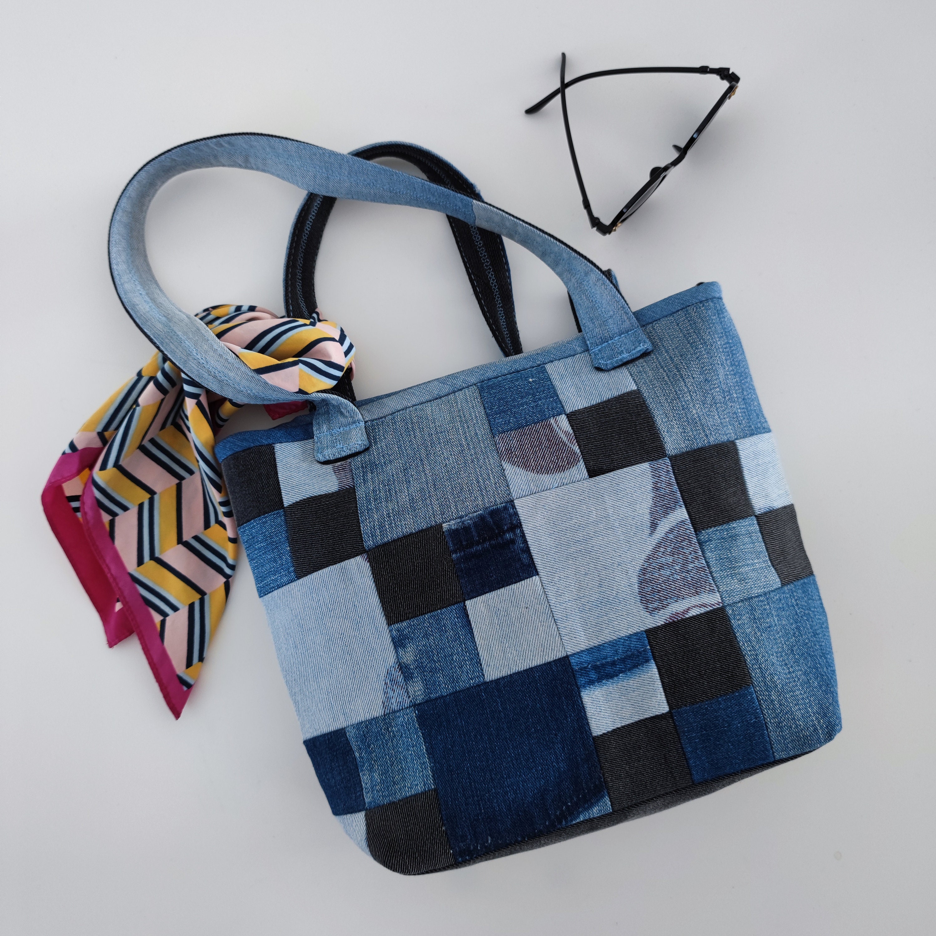 Small Denim Tote Bag | Denim Blue Patchwork Bag | Denim Shoulder Bag ...