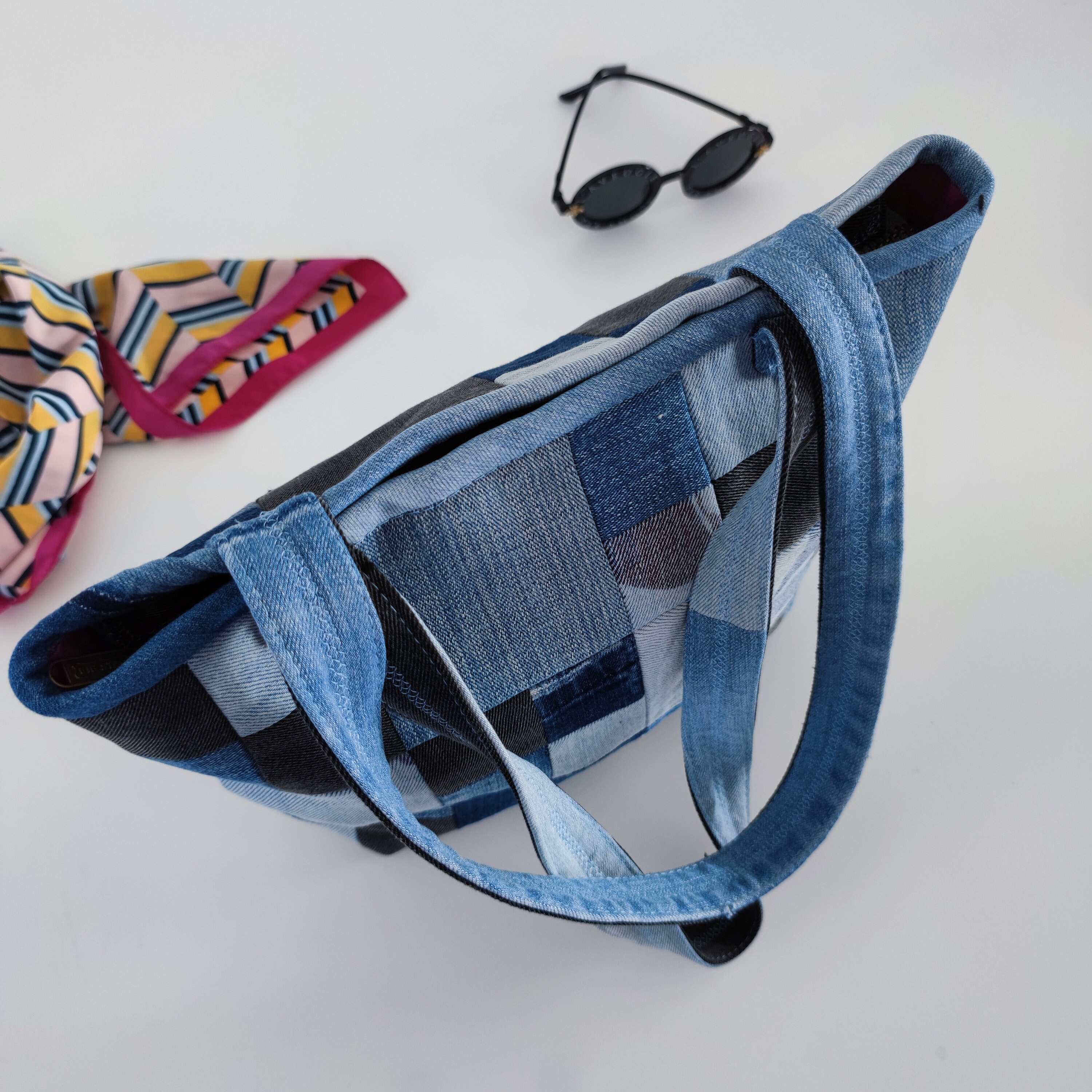 Small Denim Tote Bag | Denim Blue Patchwork Bag | Denim Shoulder Bag ...