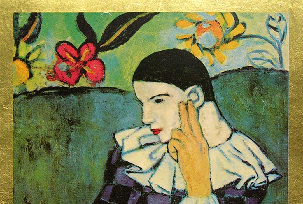 Pablo Picasso thoughtful Harlequin Lithograph on 22 Kt Gold. Cm 15x12 ...