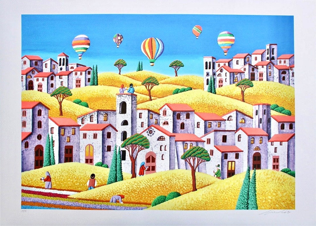 Paolo Proietti "summer and Hot Air Balloons" | Original Lithograph, 19. ...