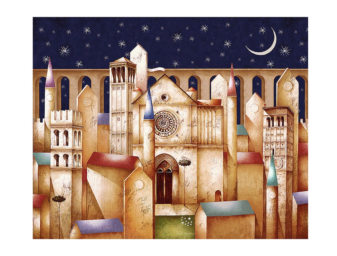 Paolo Grimaldi nocturne Assisi Original Lithograph Cm. 50x70 - Etsy