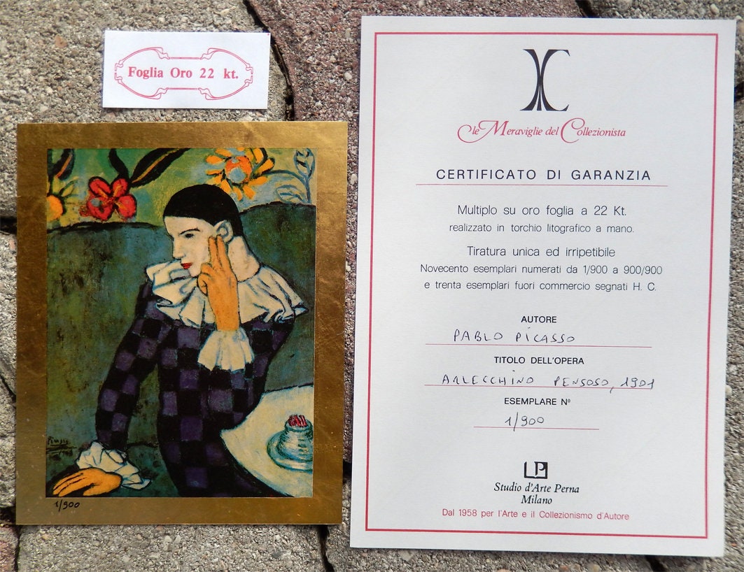 Pablo Picasso "harlequin Pensive" | Lithograph D’après on 22 Kt. Gold ...