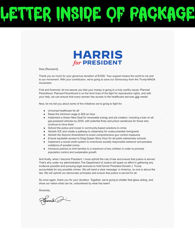 Kamala Harris 2024 Prank Package Letter Donation Receipt Sent to Target ...