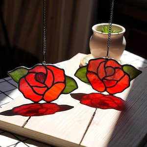 Stained Glass Rose Petals Window Hanging Suncatcher, Red Flower Stained ...