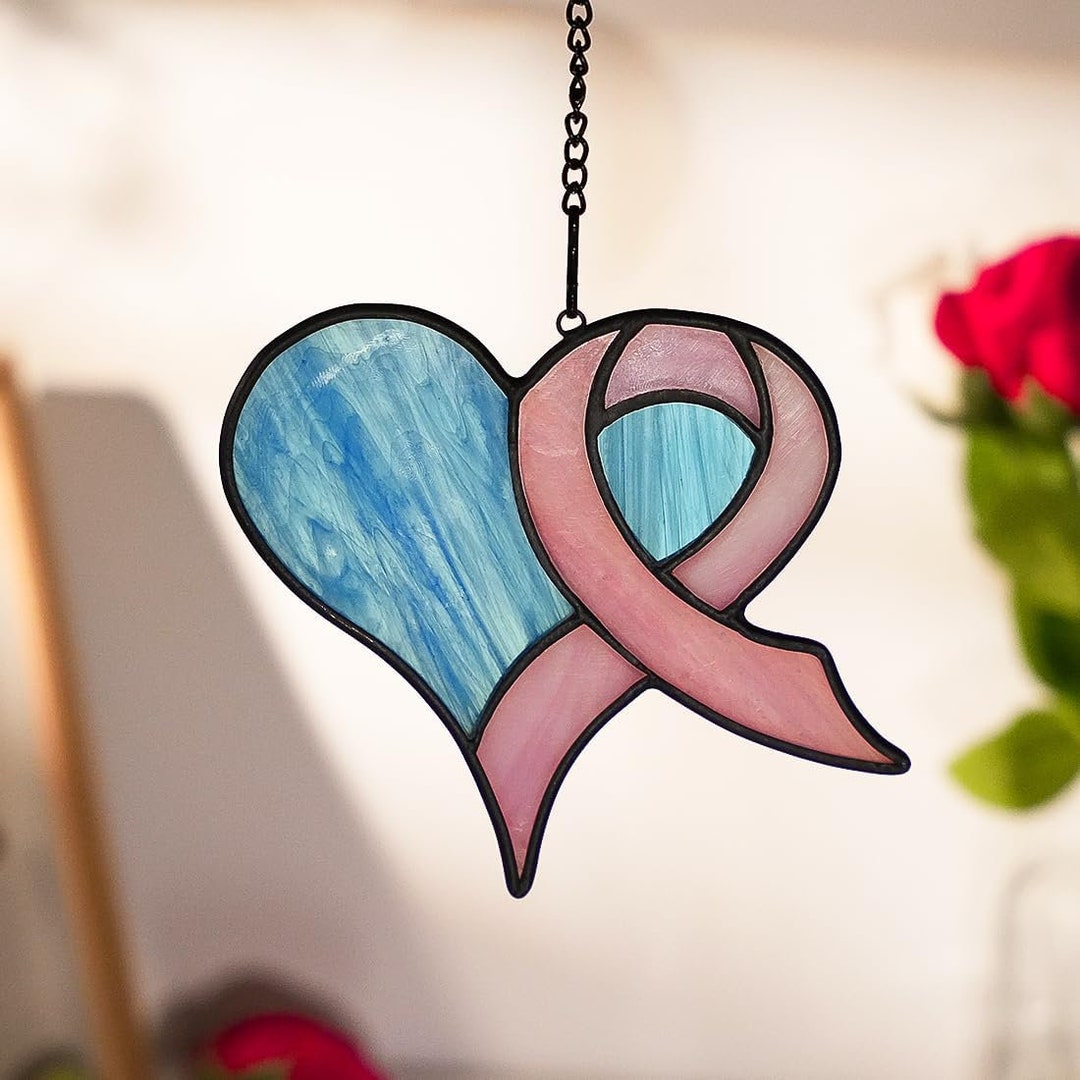 Stained Glass Pink Ribbon Heart Window Hanging Suncatcher, Stained ...