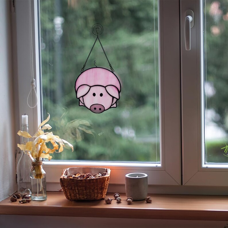 Stained Glass Window Hanging Pig Suncatcher, Light Catcher Wall Hanging ...