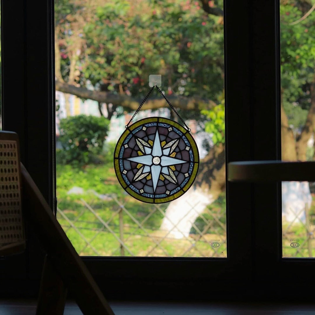 Stained Glass Panel Compass Rose Pattern Window Hanging Suncatcher ...
