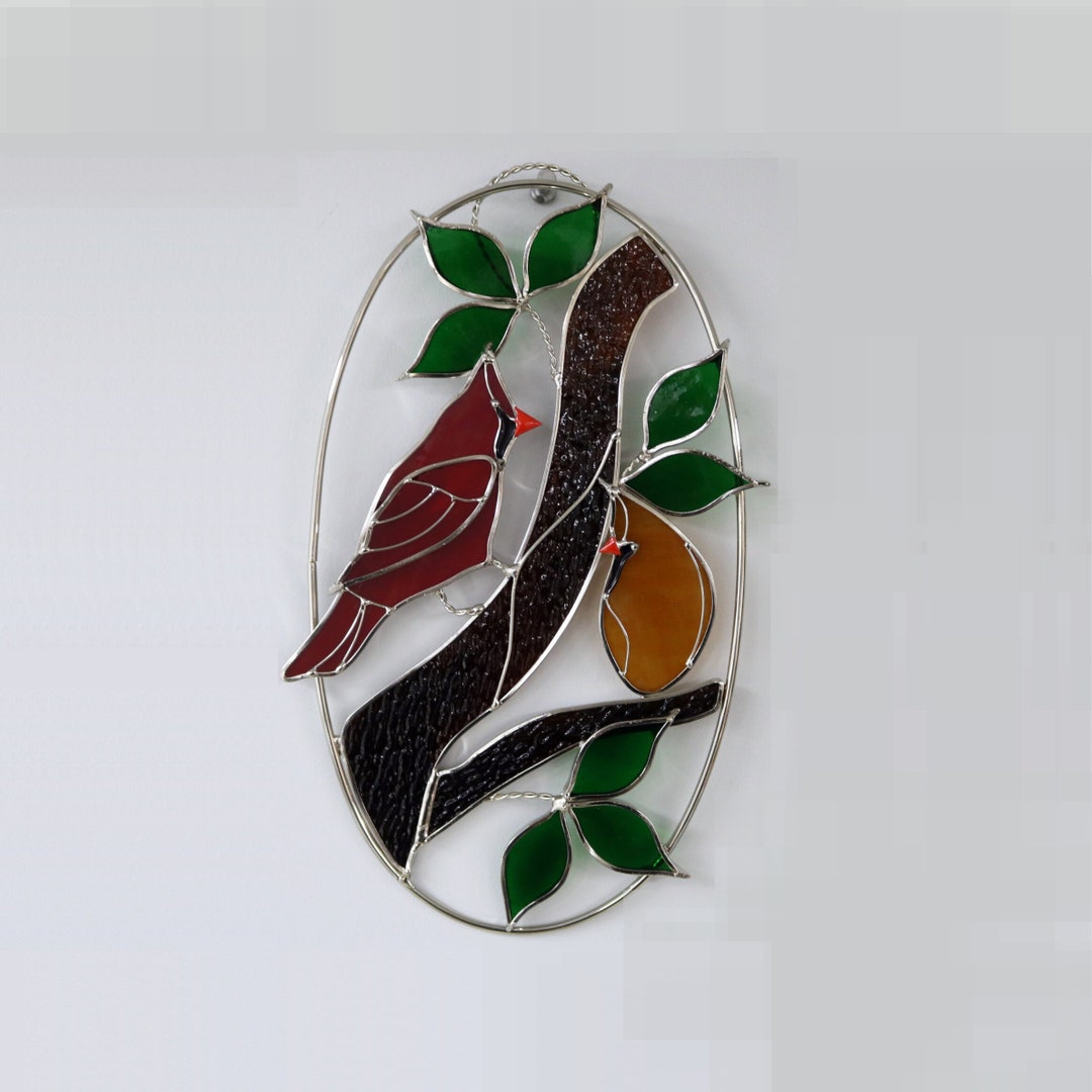 Cardinal Stained Glass Panel Window Hanging Suncatcher, Red Bird Wall ...