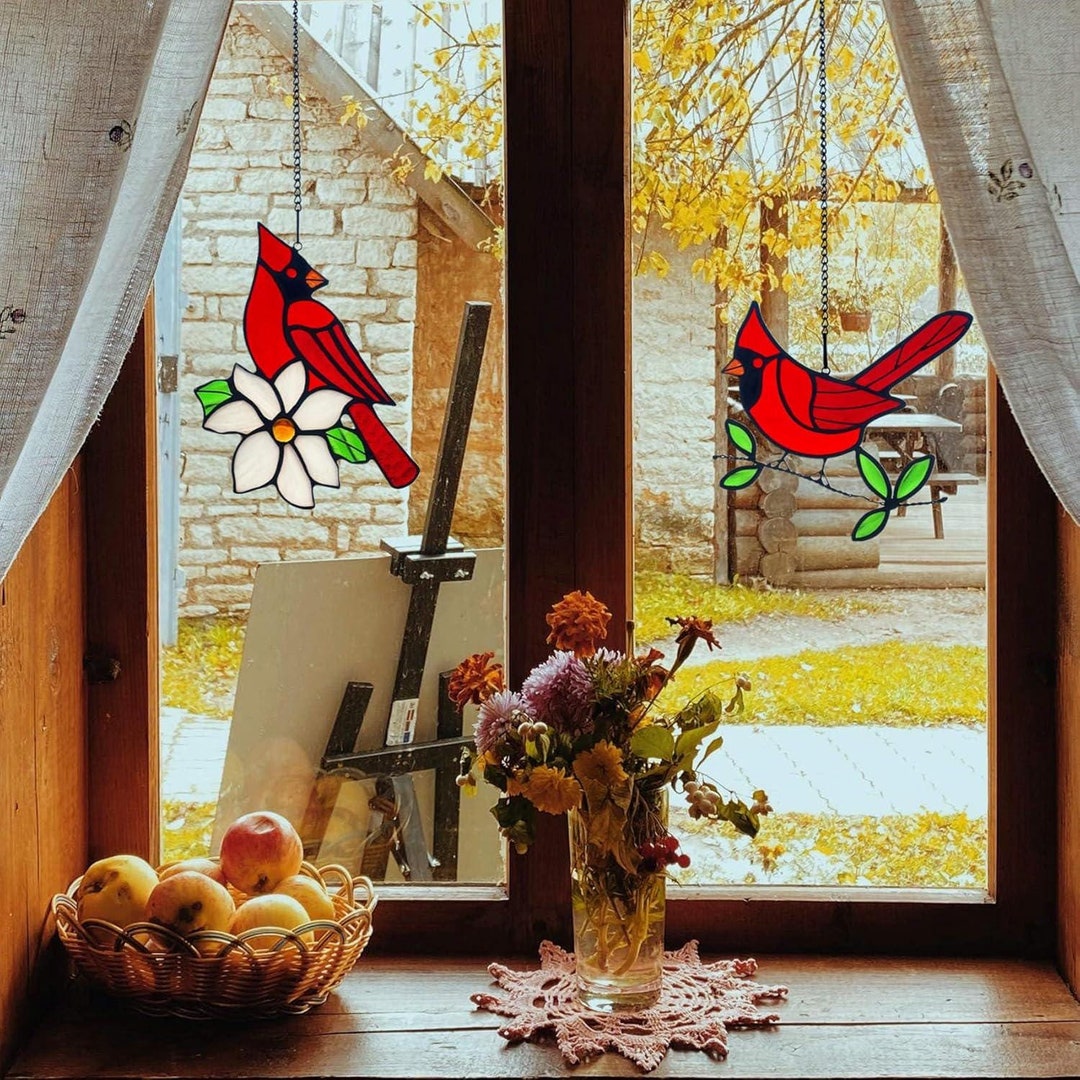 Stained Glass Set of 2 Cardinals Window Hanging Suncatcher Set, Stained ...