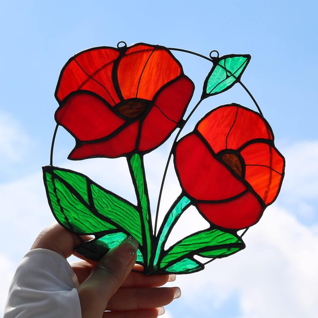 Stained Glass Poppy Flower Window Hanging Suncatcher, Fake Flower ...