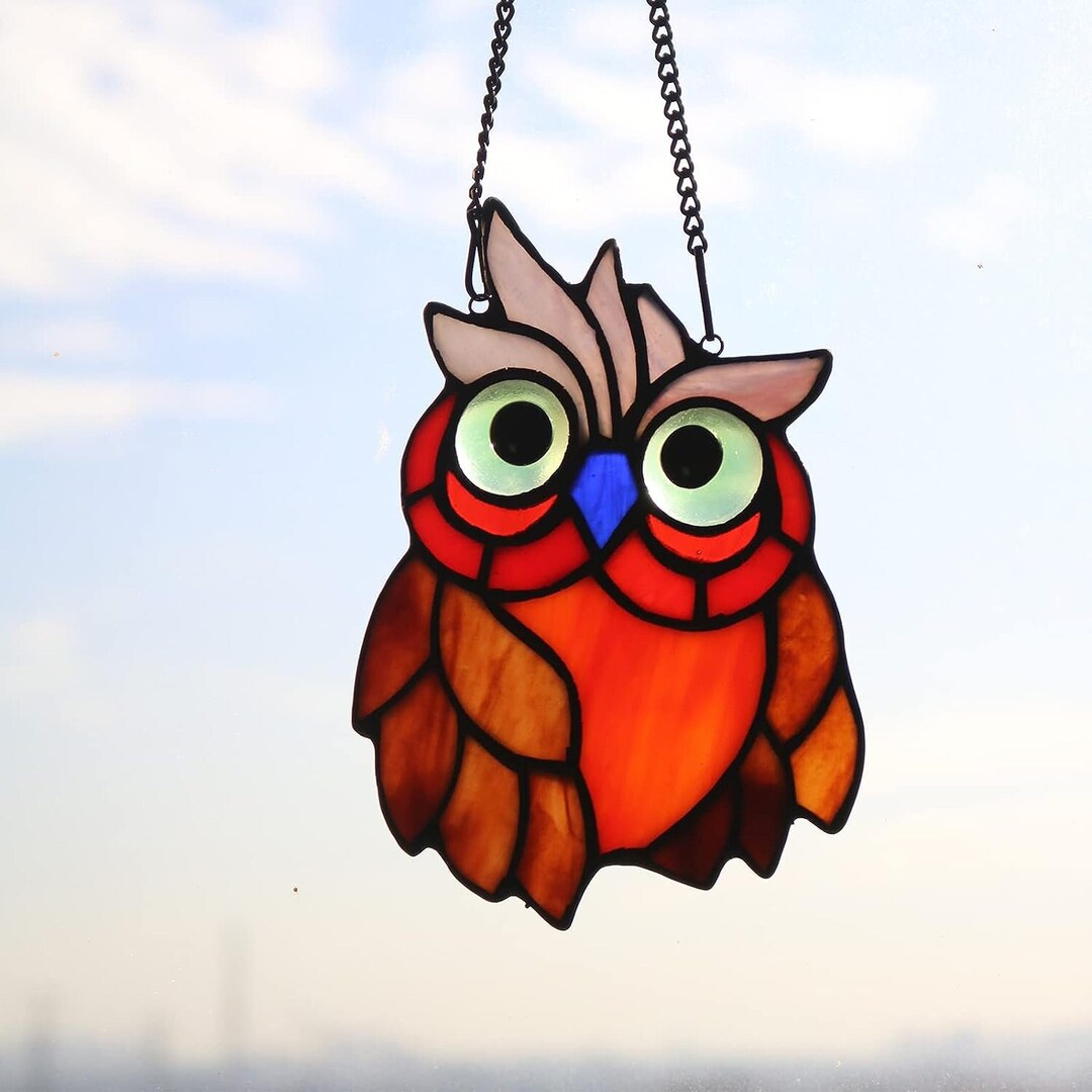 Stained Glass Goofy Owl With Huge Eyes Window Hanging Suncatcher ...