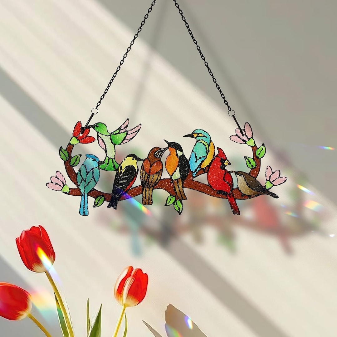 Stained Glass Colorful Birds Window Hanging Suncatcher, Painted Stained ...