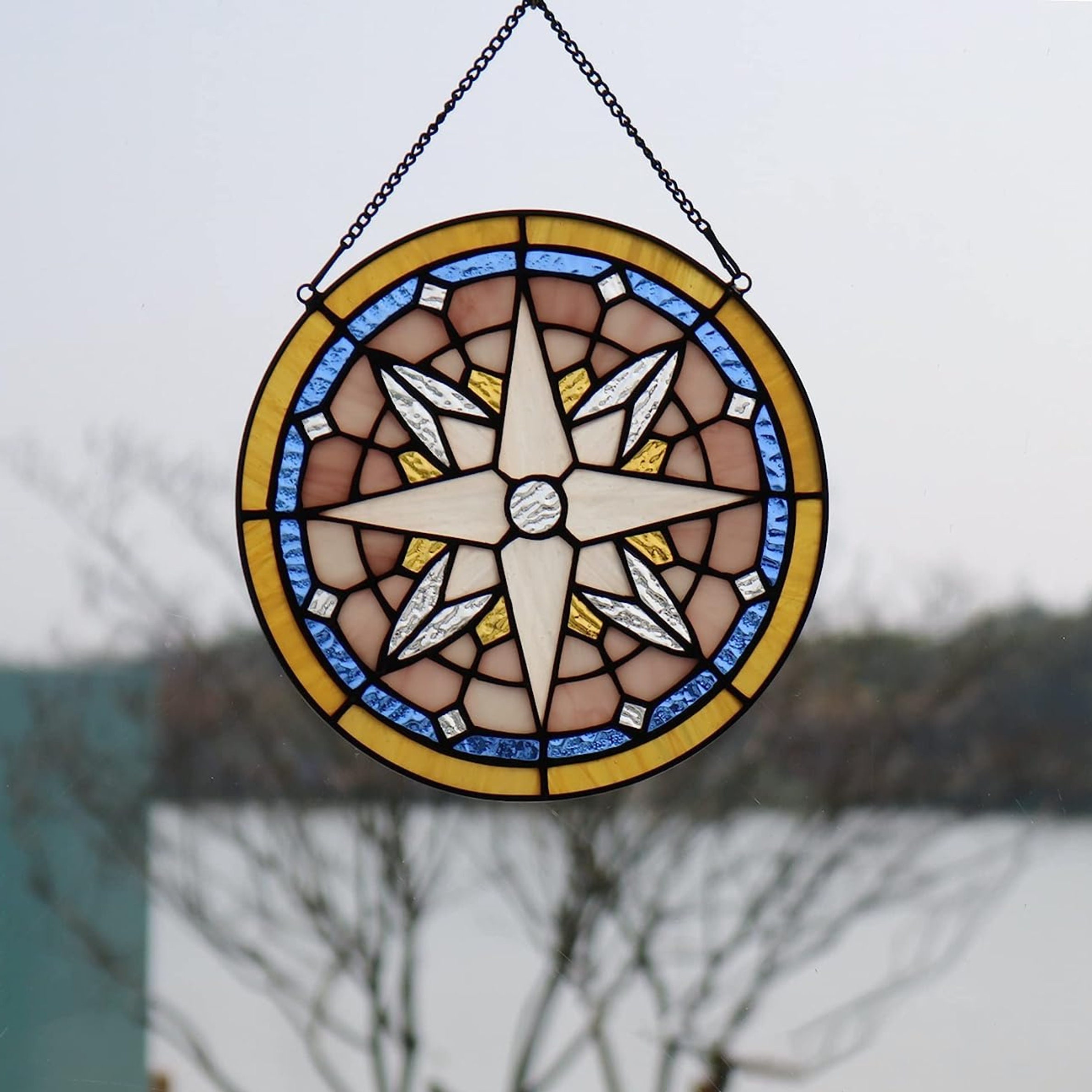 Stained Glass Panel Compass Rose Pattern Window Hanging - Etsy