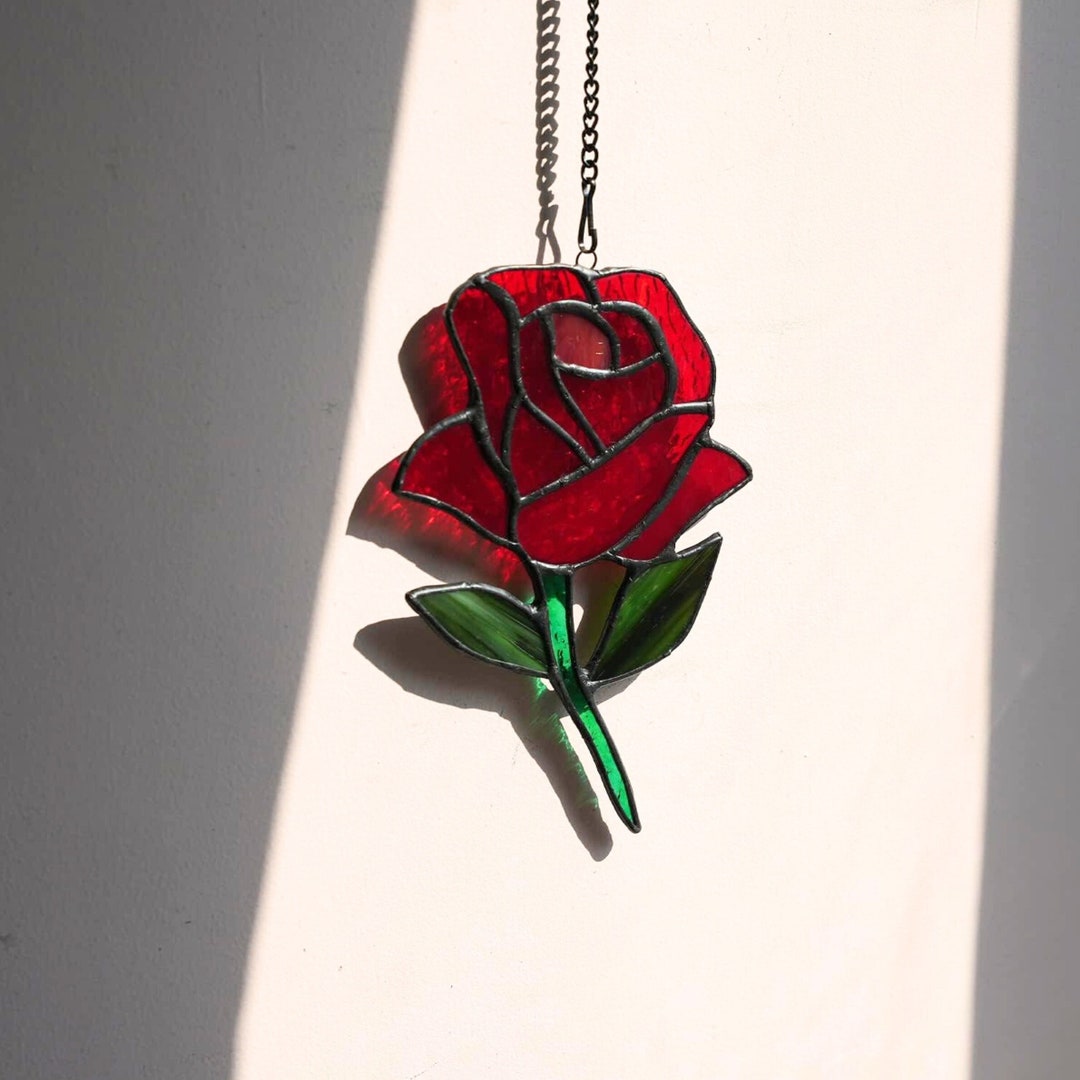 Stained Glass Rose Flower Window Hanging Suncatcher, Red Flower Stained ...