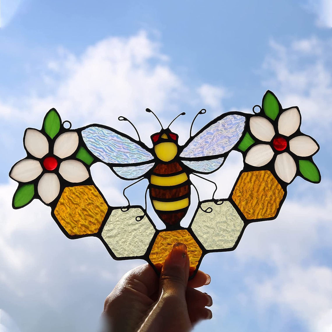 Bee & Flower Custom Stained Glass Suncatcher Window Hanging Insect ...