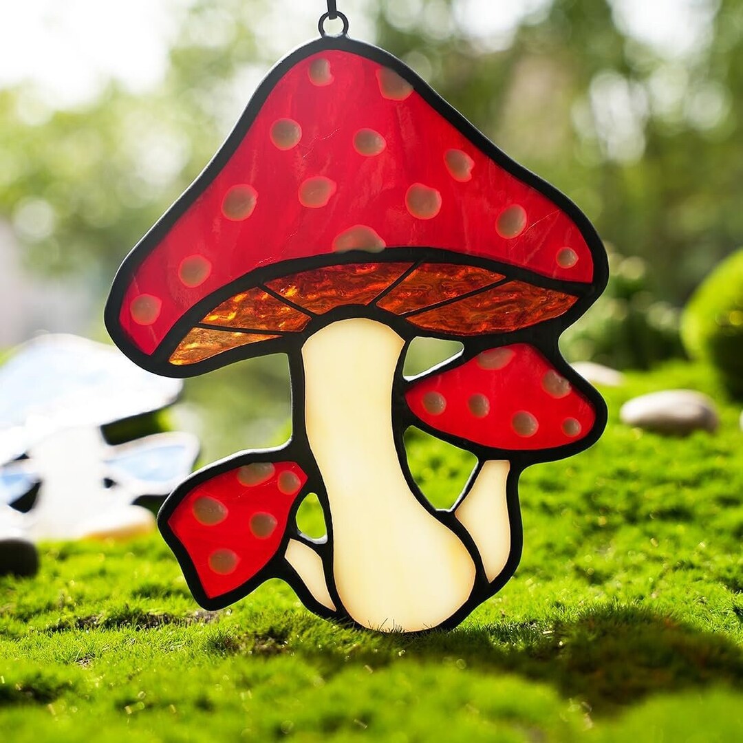 Stained Glass Mushroom Window Hanging Suncatcher, Glass Garden Mushroom ...