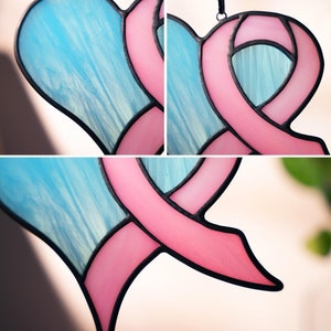 Stained Glass Pink Ribbon Heart Window Hanging Suncatcher, Stained ...