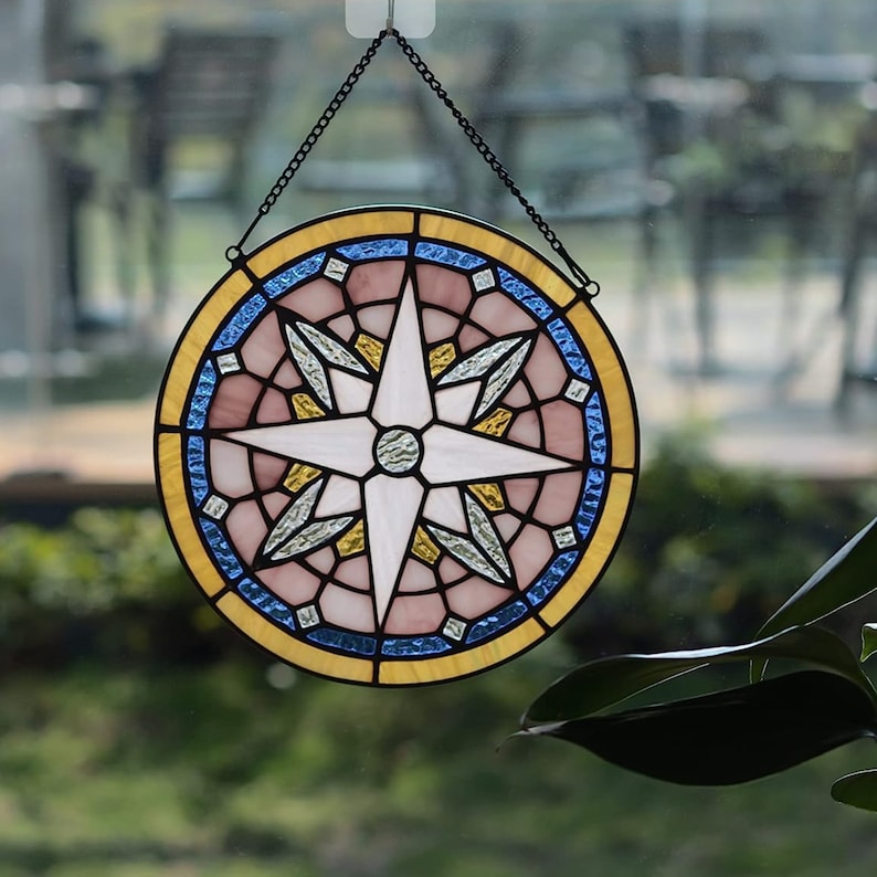 Stained Glass Panel Compass Rose Pattern Window Hanging - Etsy