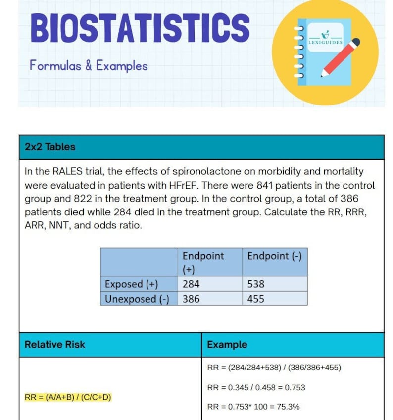 Biostatistics (odds Ratio, Relative Risk, NNT, Sensitivity/specificity ...