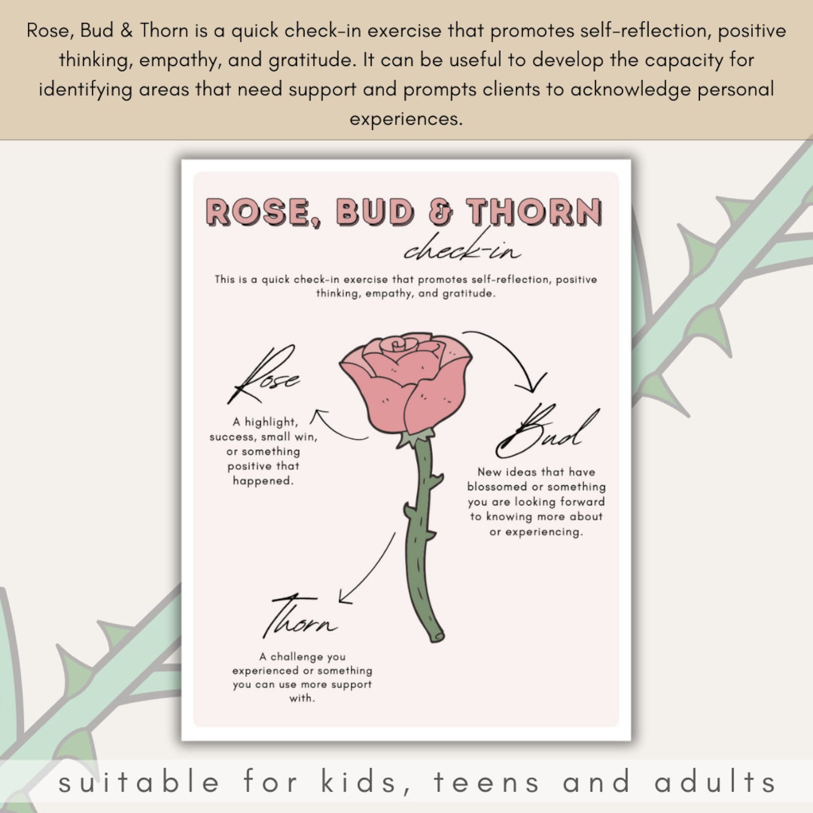 Rose, Bud and Thorn Check-in Worksheet | Printable SEL Mental Health ...