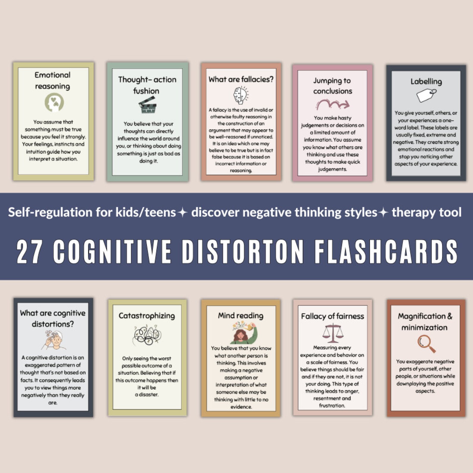 Cognitive Distortion Flashcards, CBT, Therapy Tool, Coping Skills Cards ...