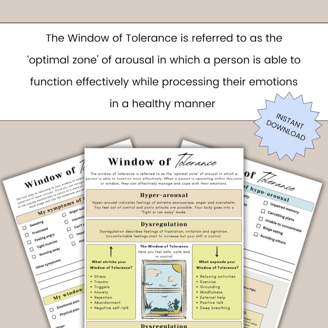Window of Tolerance, Adult Worksheets, Trauma Therapy, Arousal States ...
