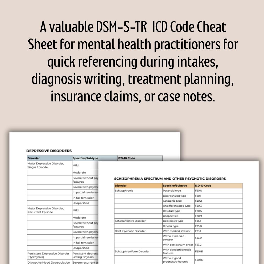 DSM-5-TR & ICD-10 Codes Cheatsheet for Mental Health Professionals (printable Pdf) | Therapy ...