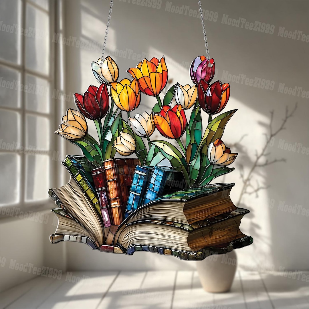 Tulip and Book Acrylic Window Hanging - Vibrant Acrylic Look, Literary ...