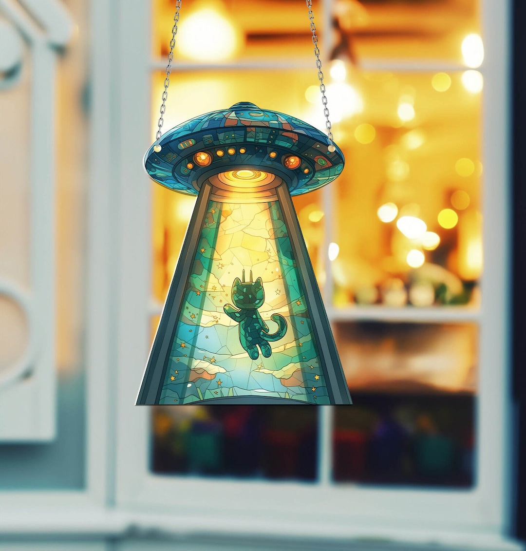 UFO Cat Acrylic Window Hanging, Alien Cat Home Decor, UFO Kitchen Decor ...