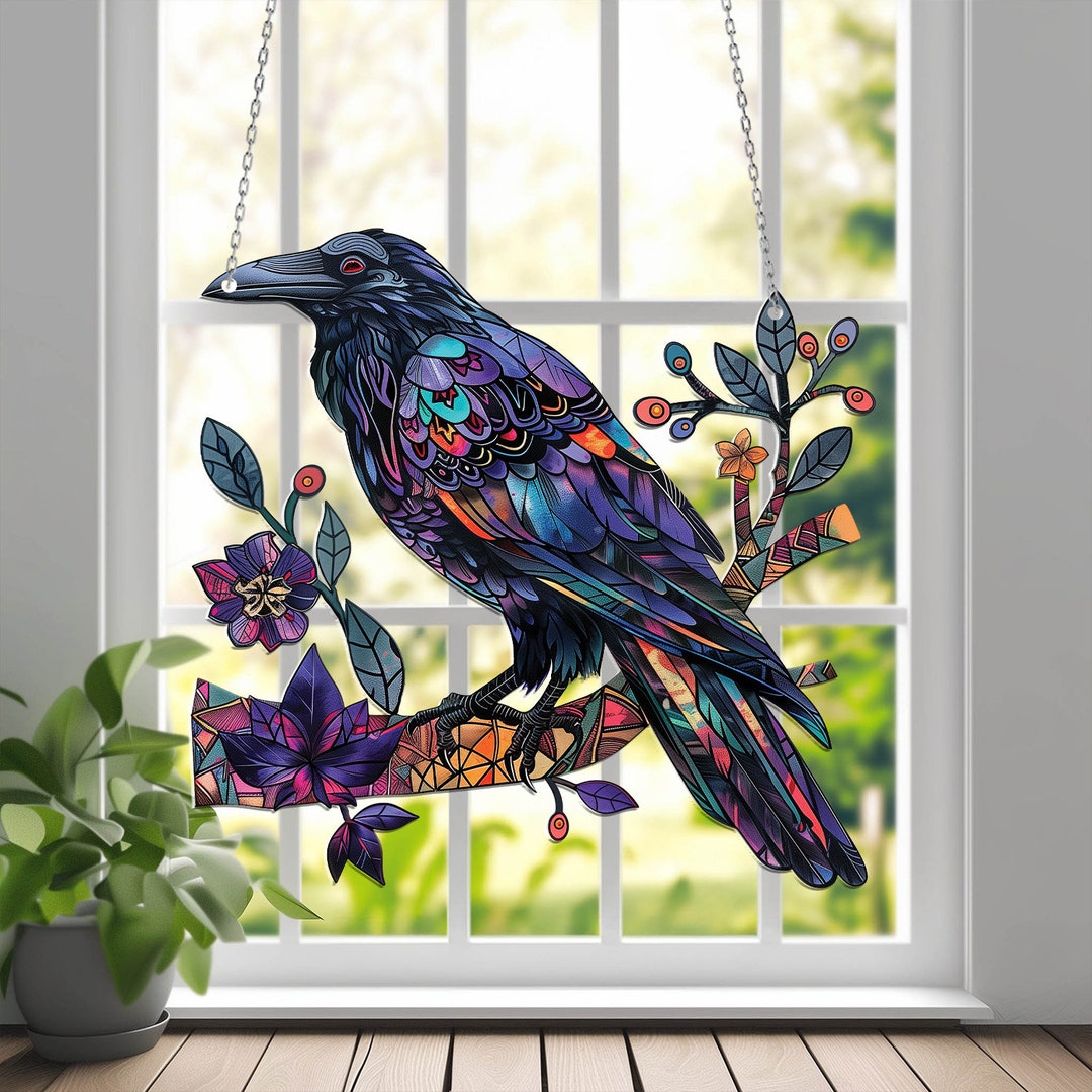 Raven Black Bird Window Hanging, Fairy Garden Accessories, Carving ...