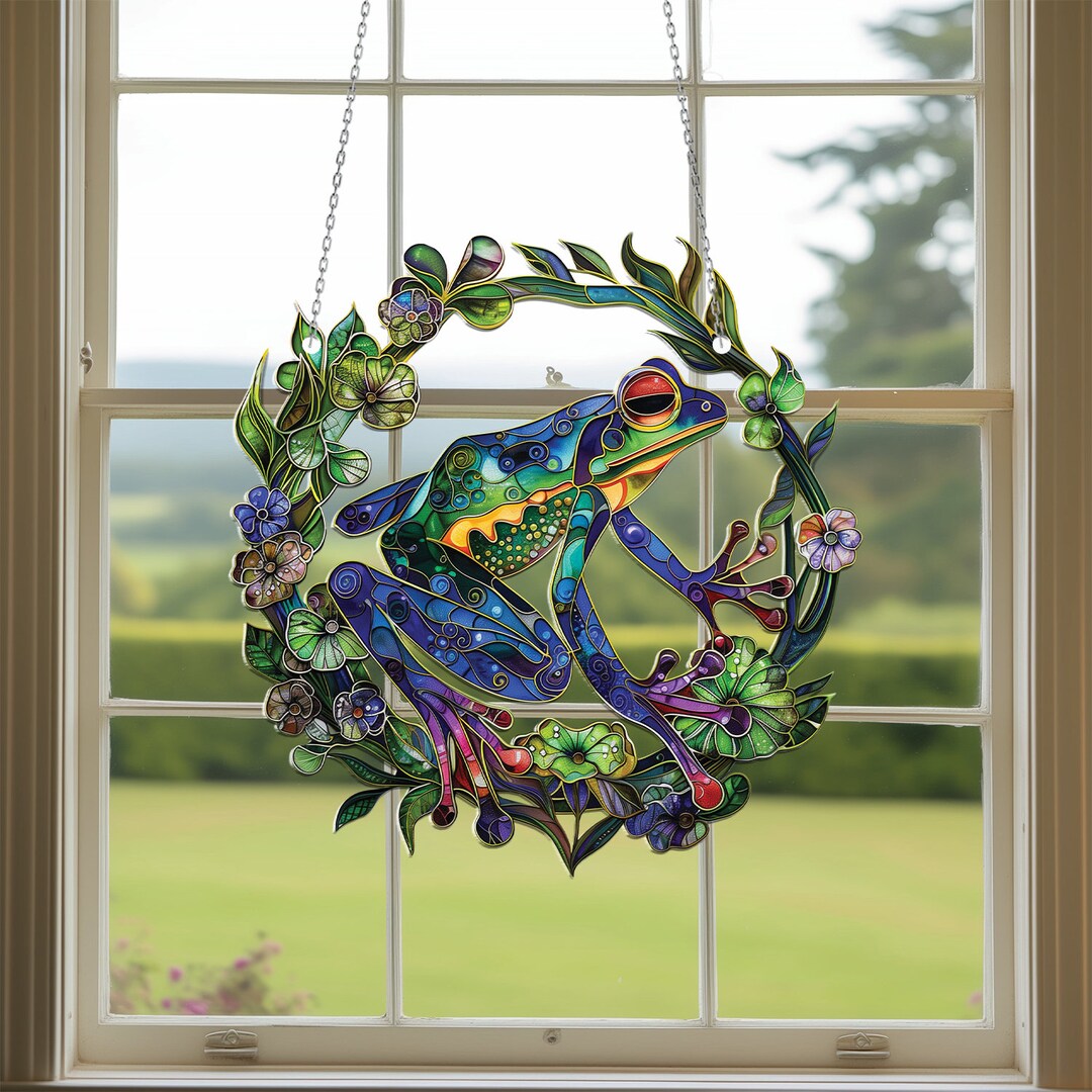 Frog on Wreath Flower Acrylic Window Hanging, Frog Acrylic Window ...