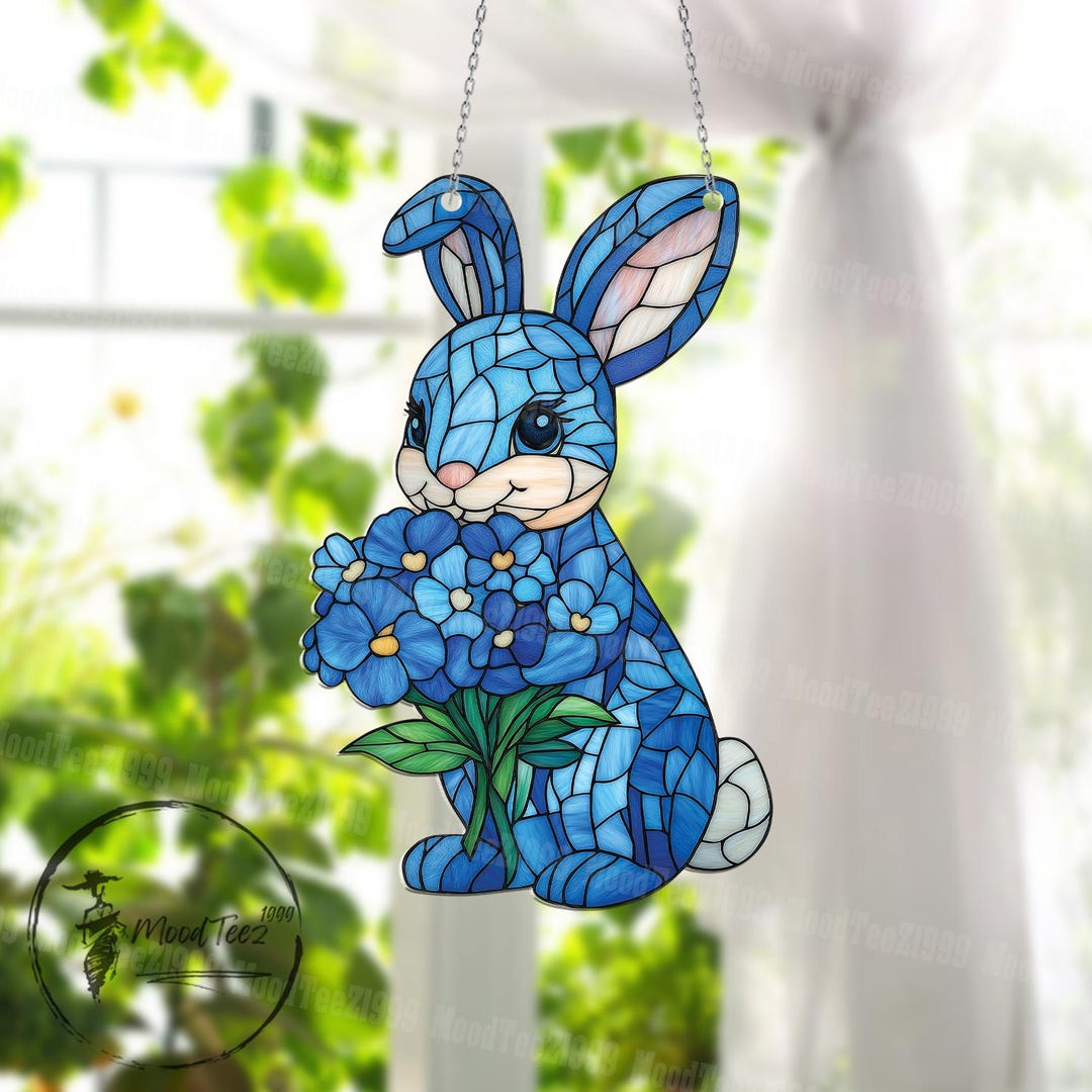 Blue Bunny Acrylic Window Hanging, Cute Rabbit Holding Blue Flowers ...