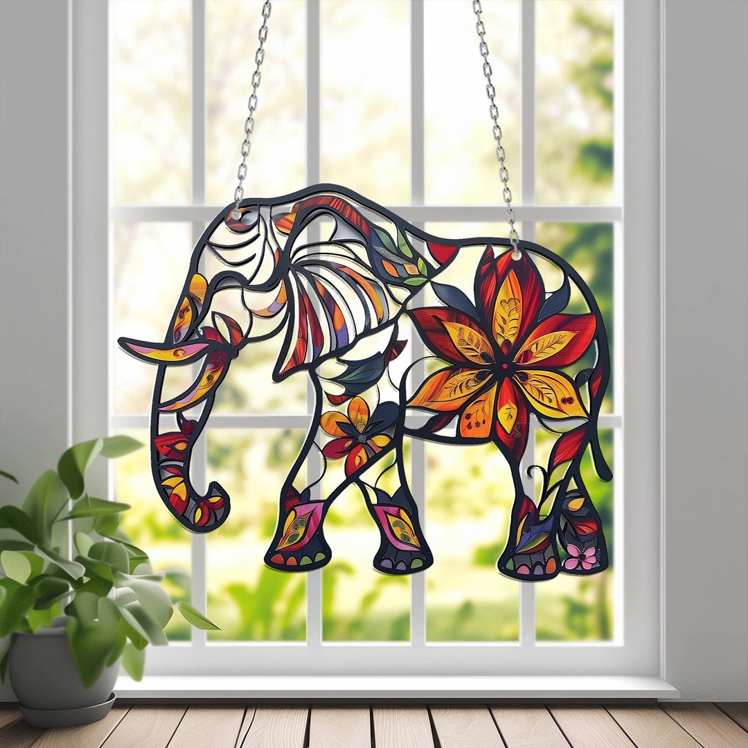 Floral Elephant Acrylic Window Hanging: Colorful Home Decor - Etsy