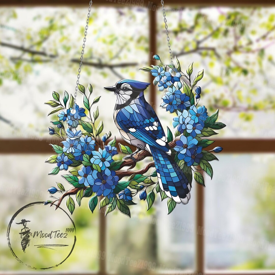 Blue Jay Bird With Blue Flowers Acrylic Window Hanging, Handcrafted ...