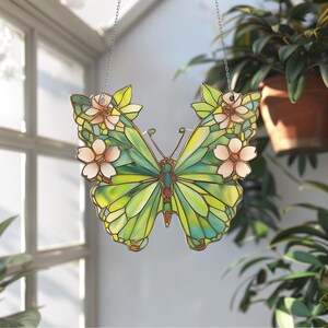 Green Butterfly Acrylic Window Hanging, Butterfly With Flower Hanging ...