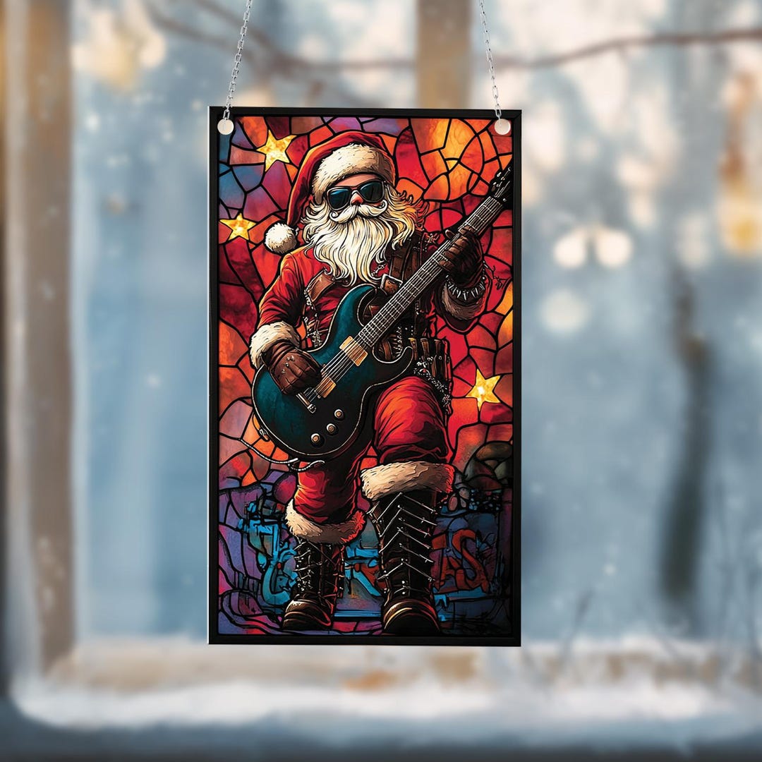 Rockstar Santa Claus Acrylic Window Hanging: Christmas Music Lover ...