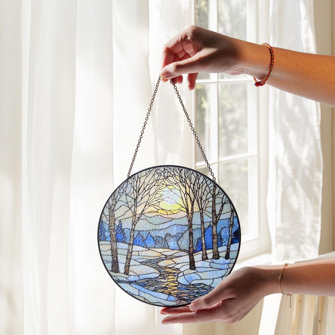 Stained Glass Winter Sunrise, Winter Stained Glass Suncatcher, Winter ...
