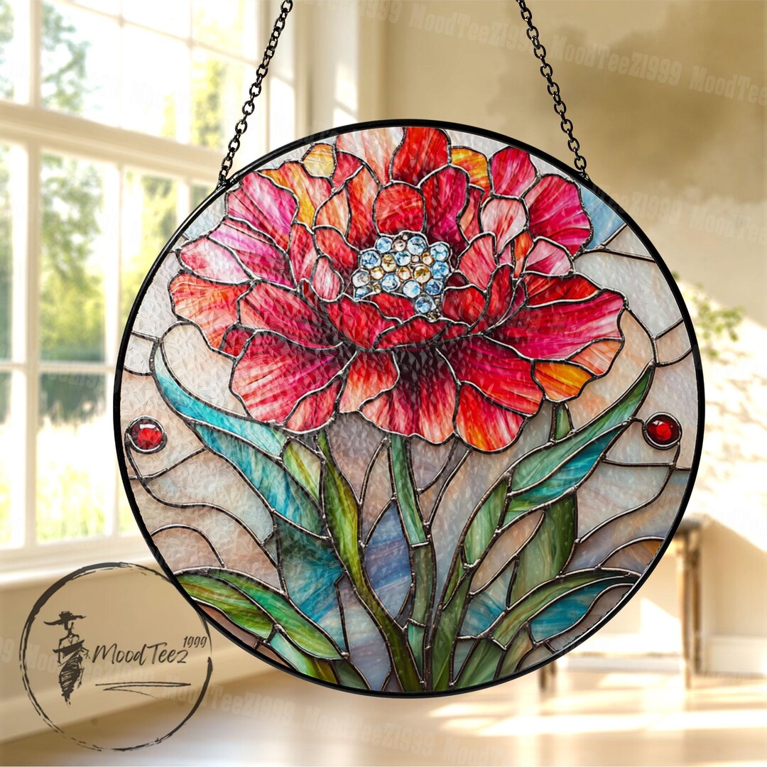 Peony Flower Stained Glass, Handmade Floral Window Art, Handcrafted ...