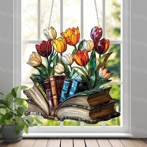 Tulip and Book Acrylic Window Hanging - Vibrant Acrylic Look, Literary ...