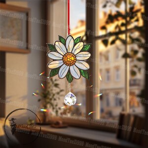 Daisy Flower Window Hanging With Crystal Charm, Acrylic Home Decor ...
