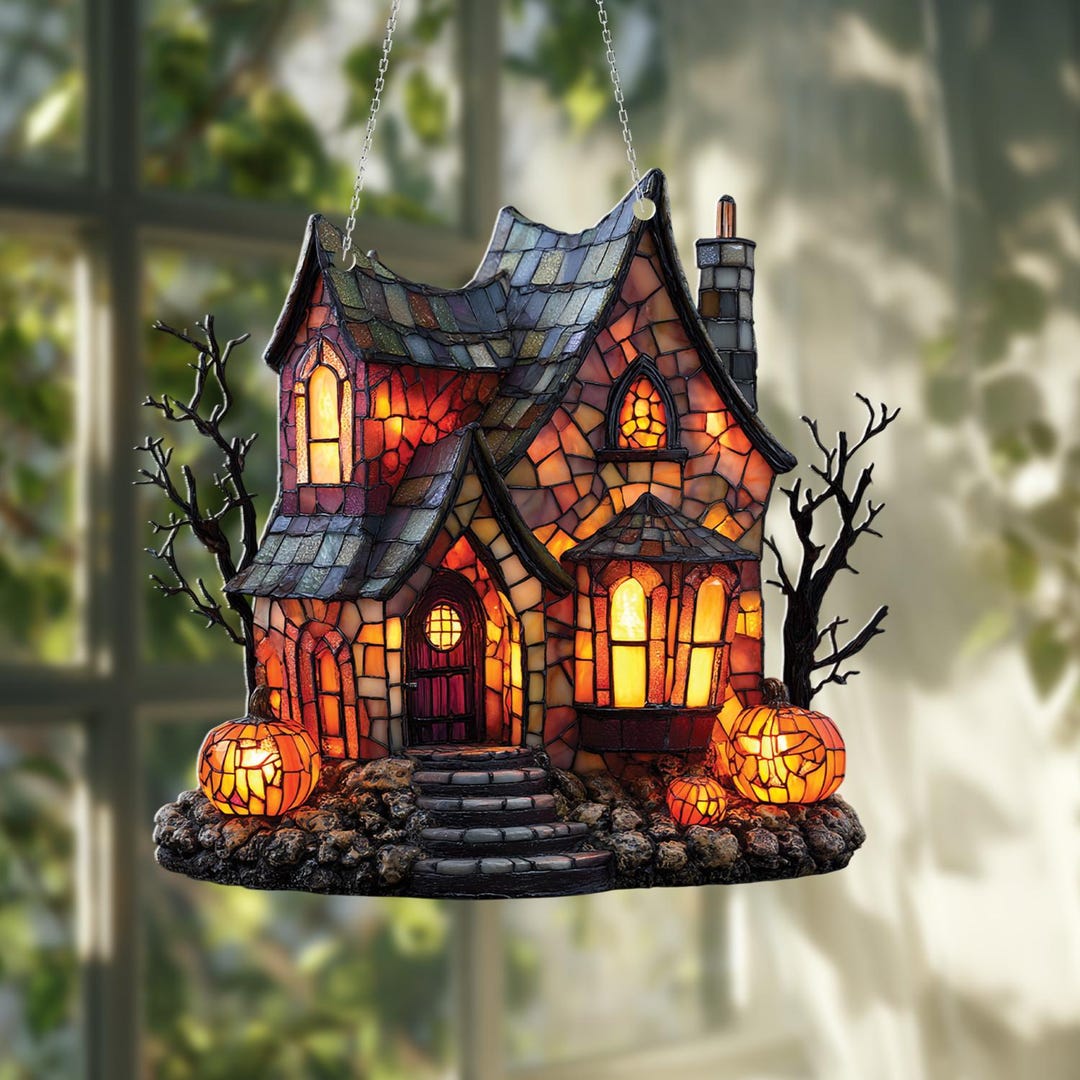 Halloween Haunted House Window Hanging - Spooky Stained Glass Effect ...