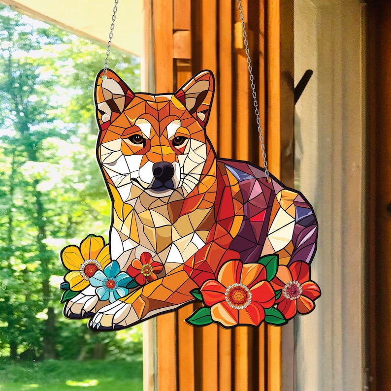 Shiba Inu and Flower Acrylic Window Decor, Shiba Inu Wall Art, Shiba ...