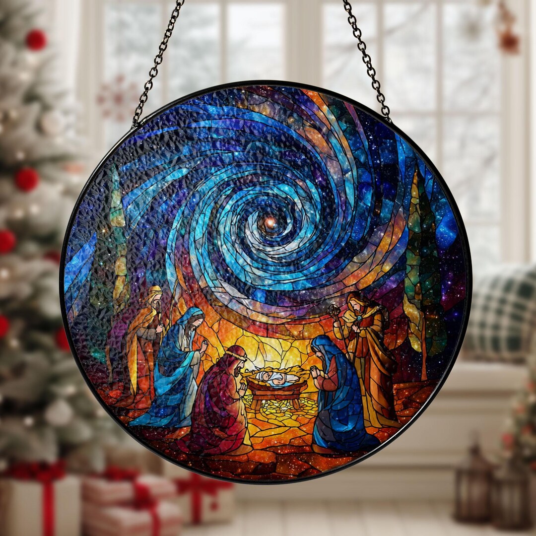 Nativity Scene Glass Suncatcher, Starry Night Christmas Decor - Etsy
