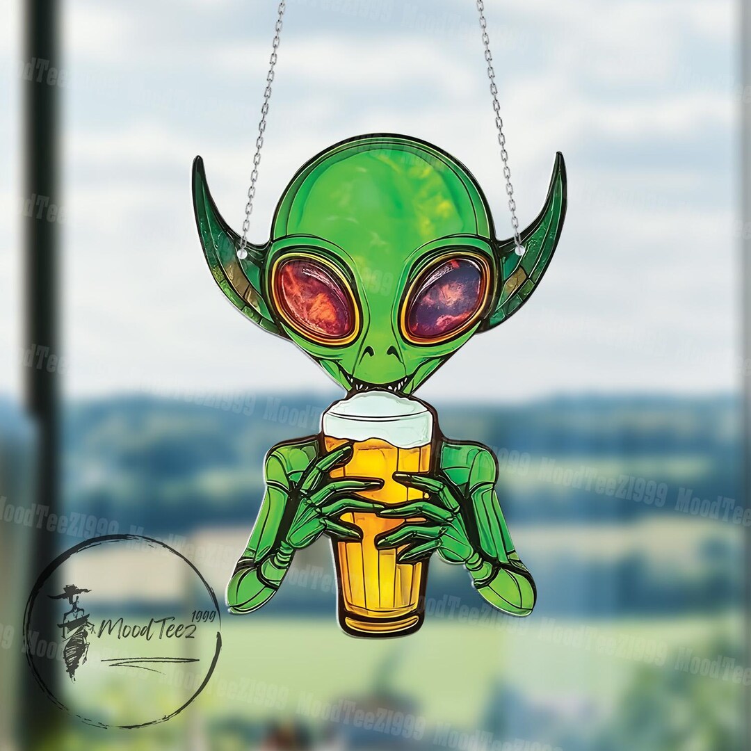 Alien Drinking Beer Acrylic Window Hanging, Funny Sci-fi Suncatcher ...
